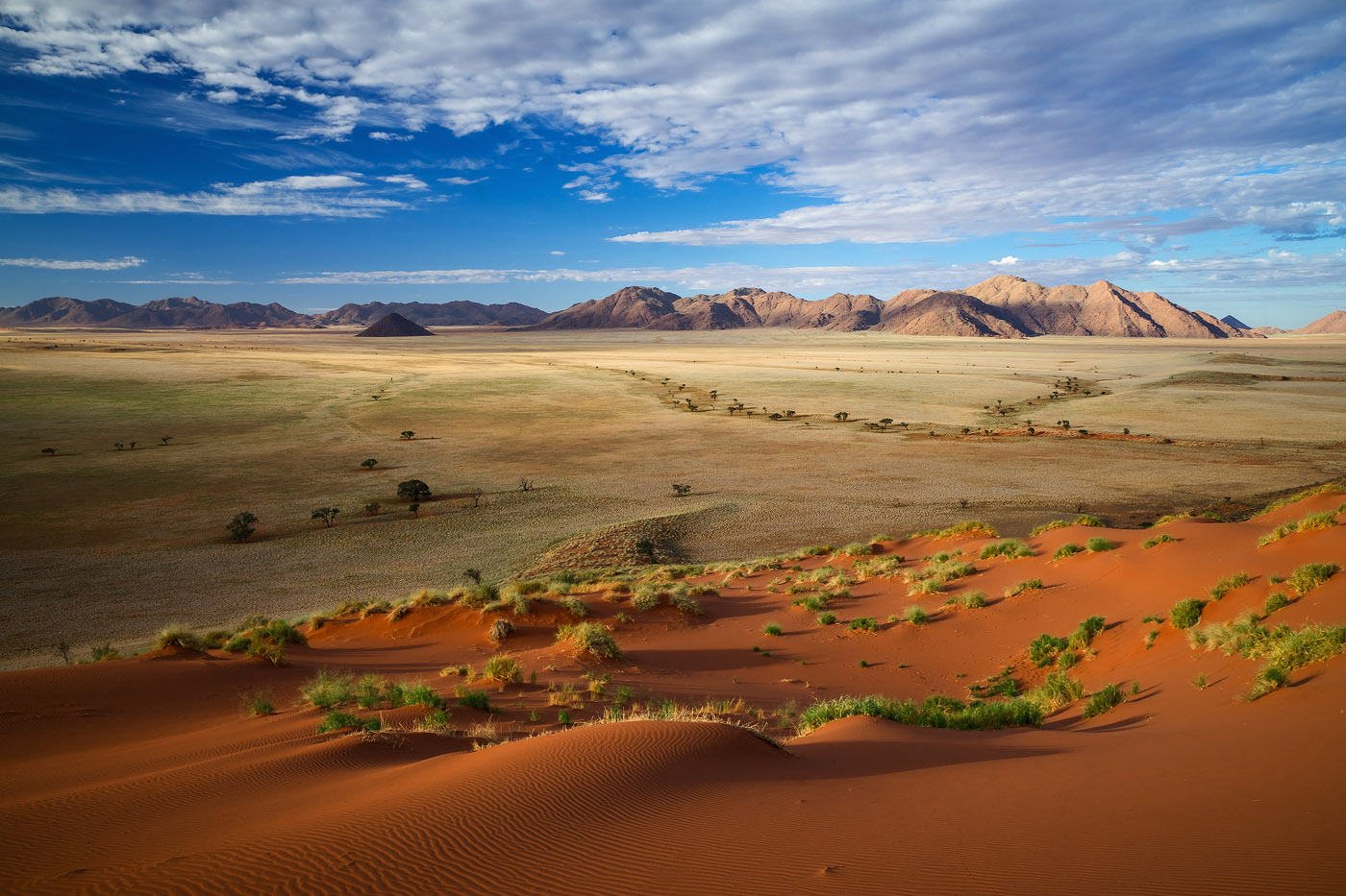 The Vast Namib - a colorful vista from atop a tall red dune in ...